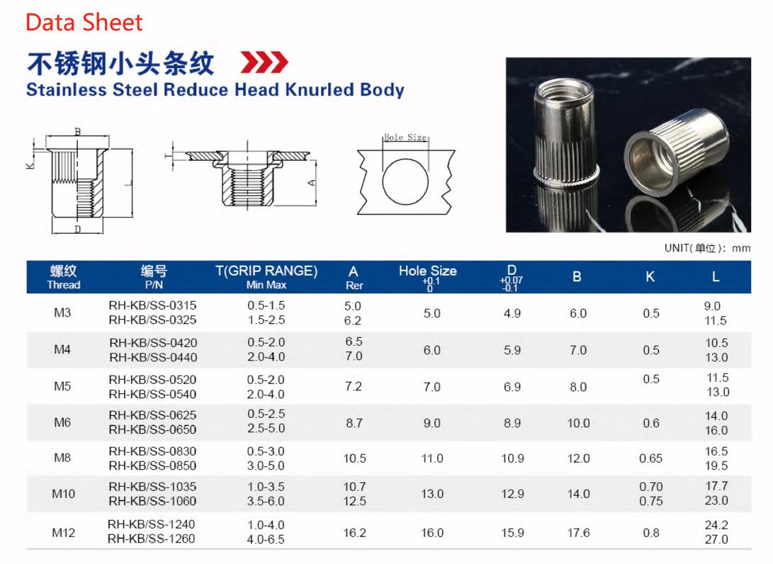 SS304 Rivet Nut M10 Stainless Steel Reduce Head Kunrled Body